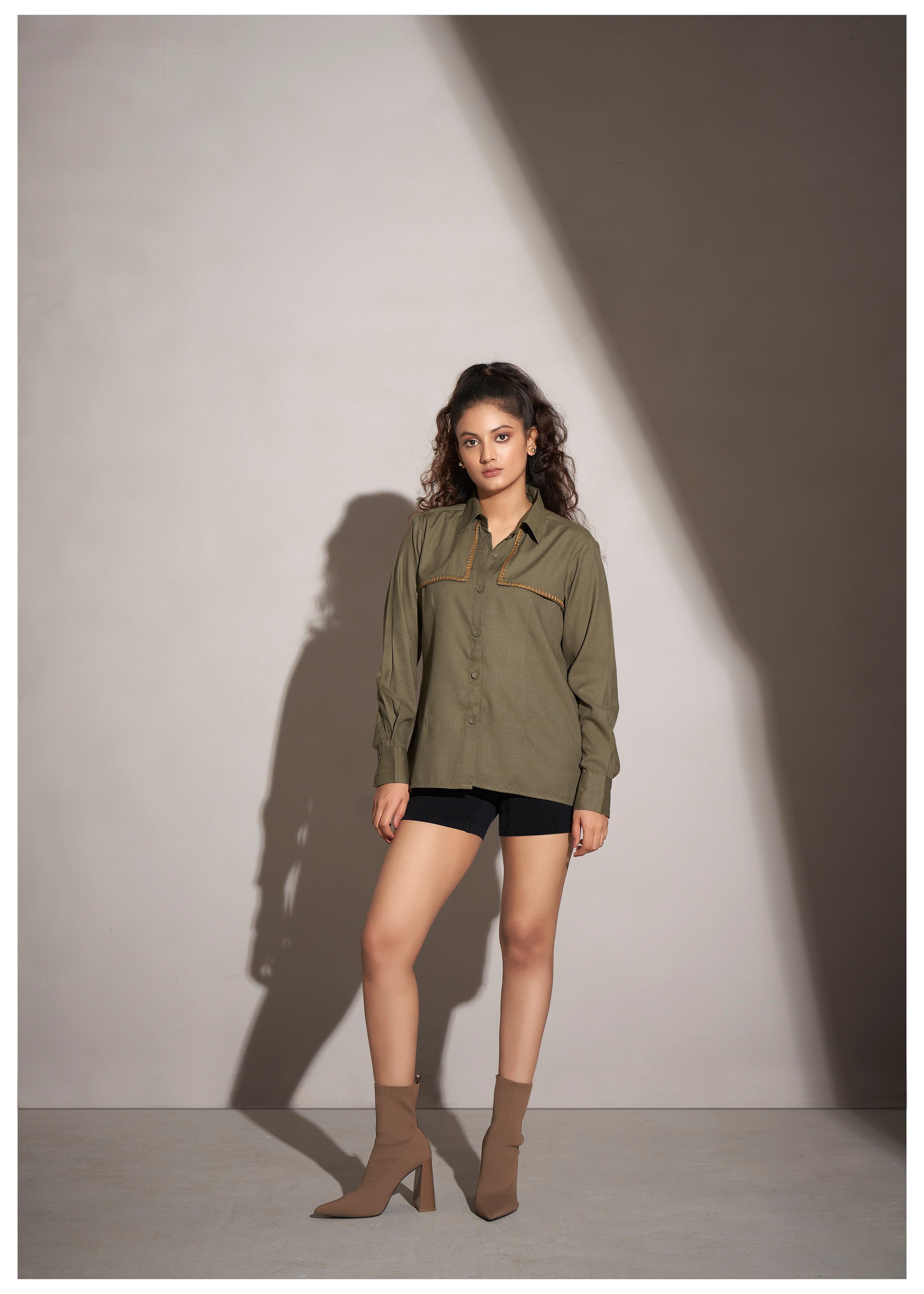 Buy Green Linen Front Panel Shirt With Thread Work Embroidery - Where ...