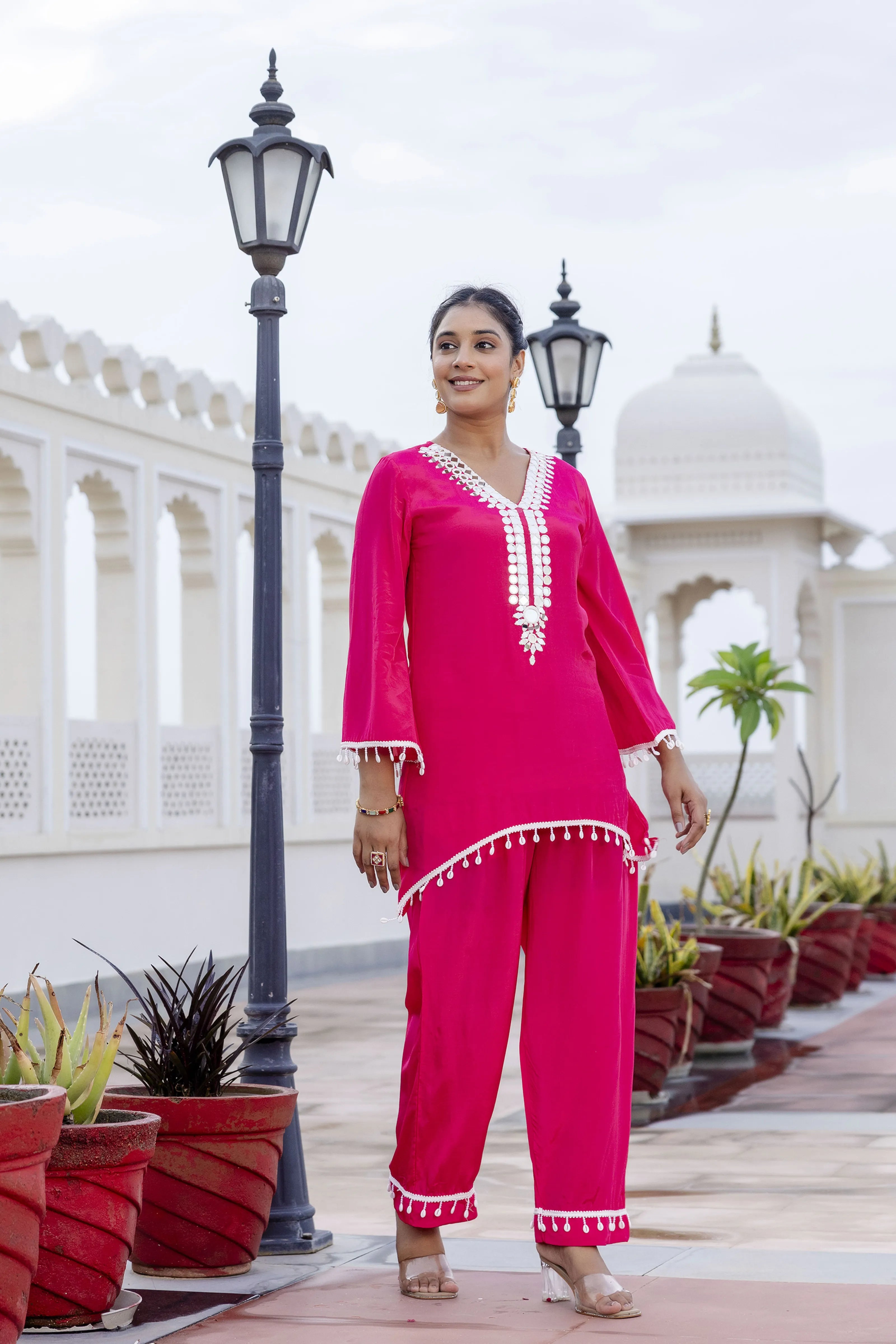 Buy Rani Pink Mirror Embroidered Co-ord Set in Crepe | Kaftanize
