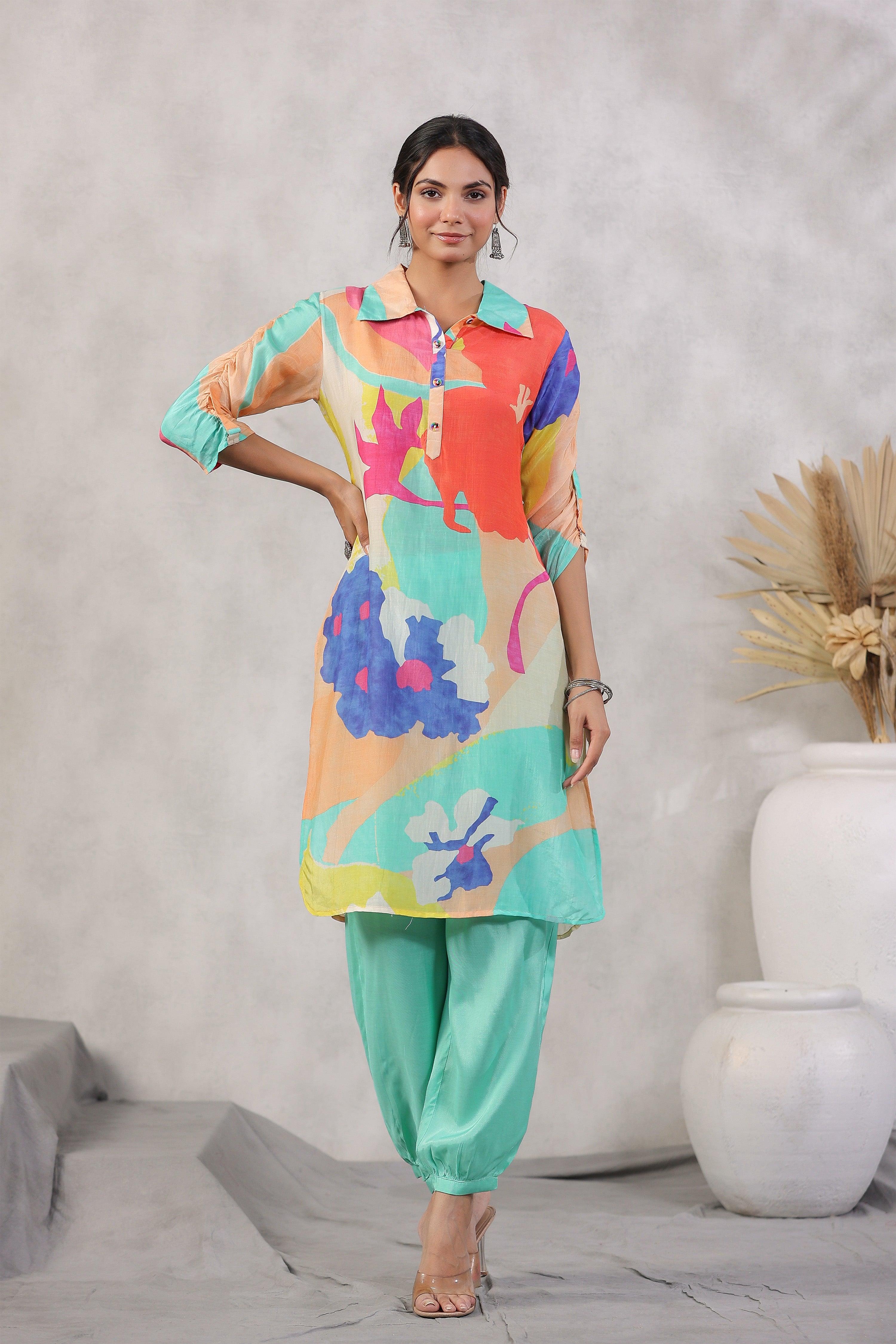 Sea Green Abstract Printed Shirt Style Kurta With Indowestern Salvar ...