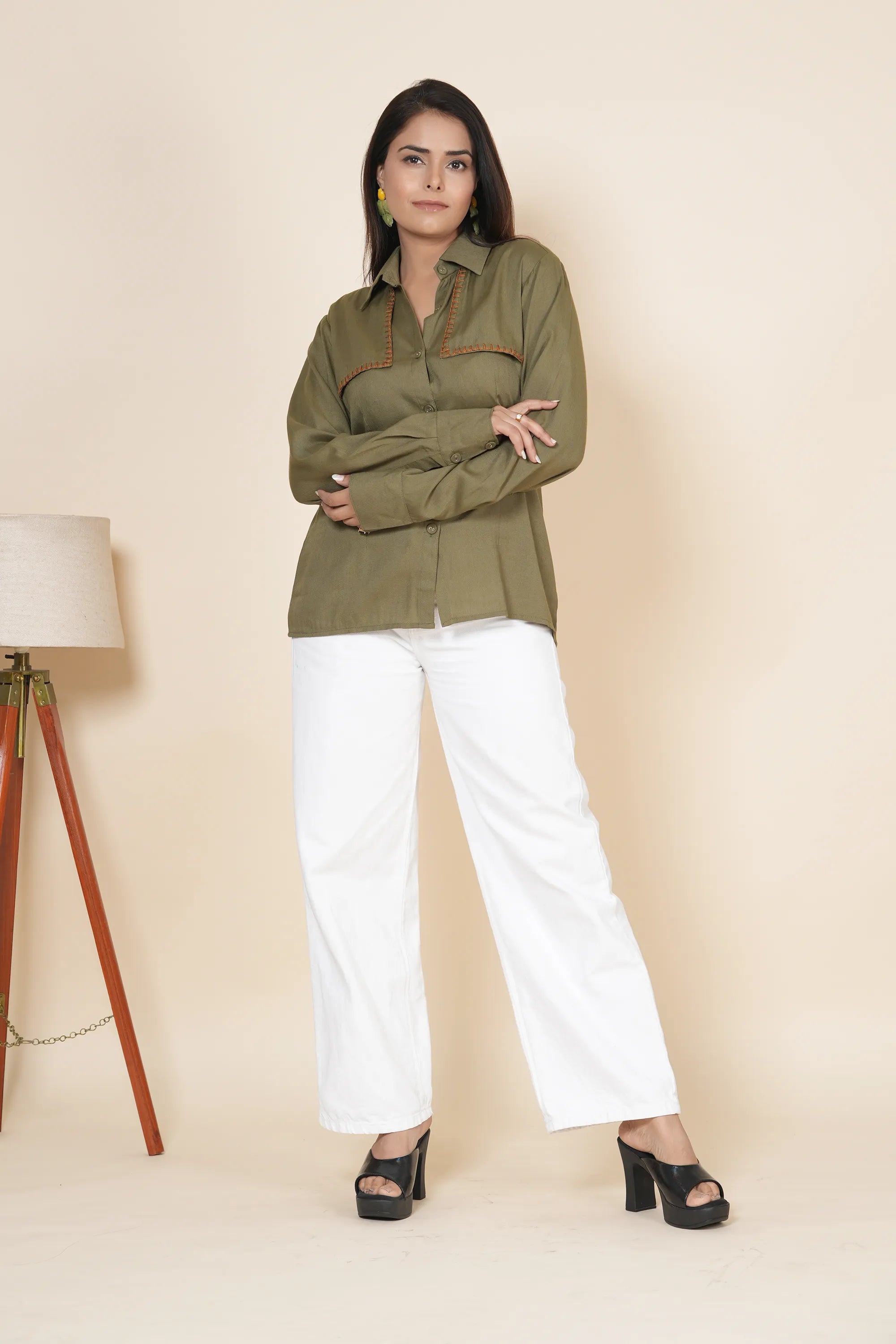 Green Linen Front Panel Shirt With Thread Work Embroidery – Kaftanize