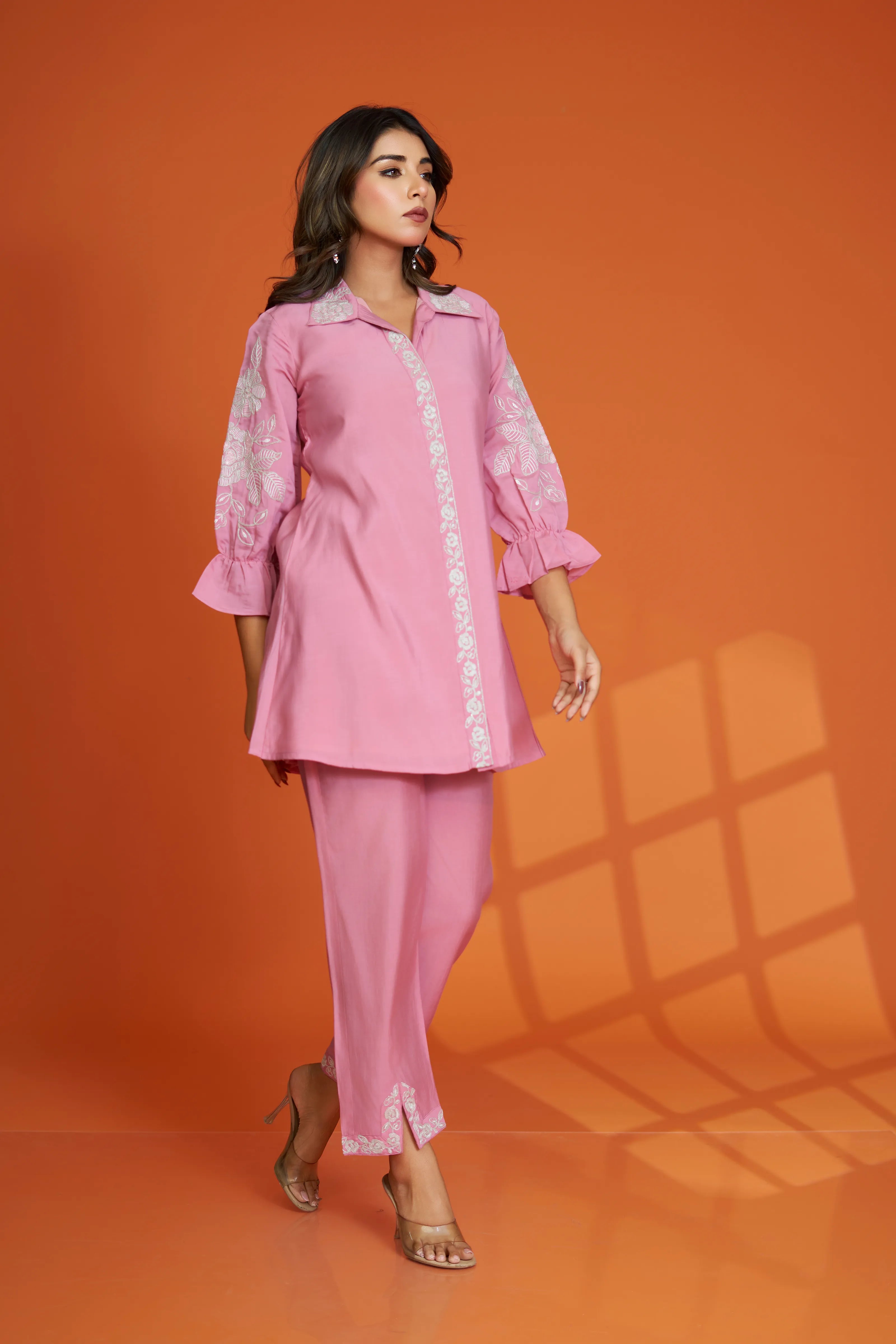 Baby Pink Silver Lurex Embroidered Ethnic Set in Roman Silk – Kaftanize