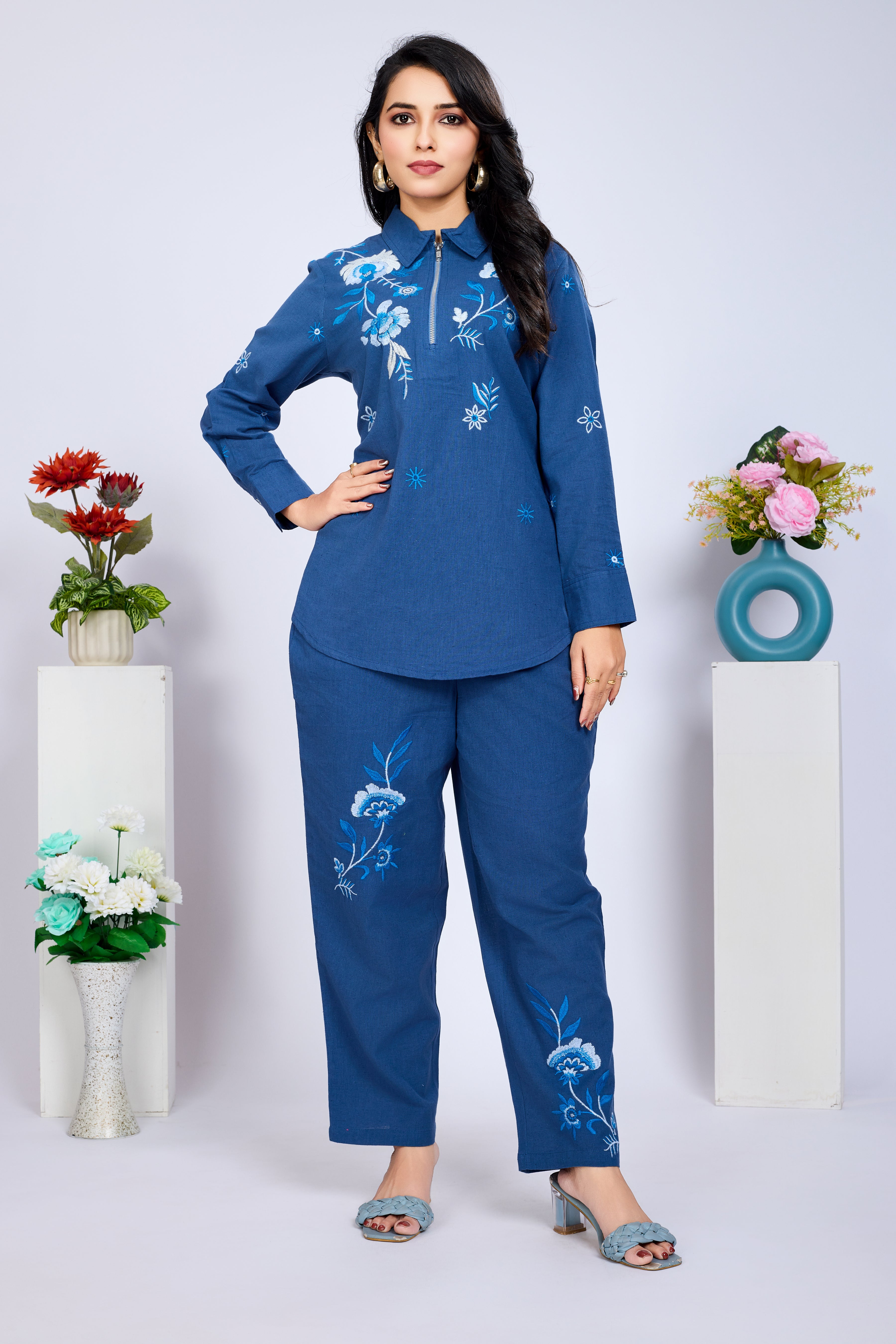 Buy Navy Blue Embroidered Zip Cotton Flex Co-Ord Set - Where Tradition ...